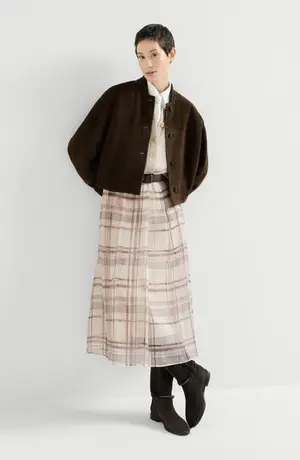 Brunello Cucinelli Macrocheck Print Silk Organza Pleated Skirt - Beige