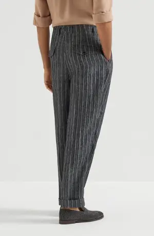 Brunello Cucinelli Linen Chalk Stripe Chevron Trousers With Double Pleats - Dark Grey
