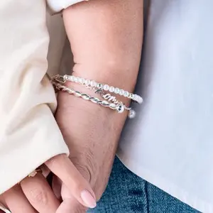 ALEX AND ANI Mama" Script Bracelet Set With Pearls - Silver