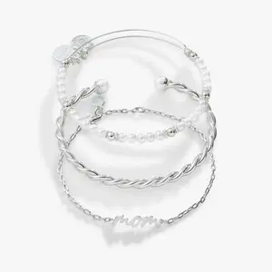 ALEX AND ANI Mama" Script Bracelet Set With Pearls - Silver