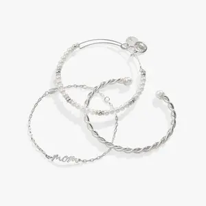 ALEX AND ANI Mama" Script Bracelet Set With Pearls - Silver