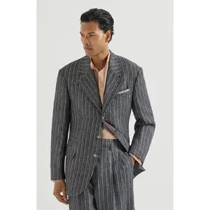 Brunello Cucinelli Linen Chalk Stripe Chevron Tailor Blazer With Metal Buttons - Anthracite