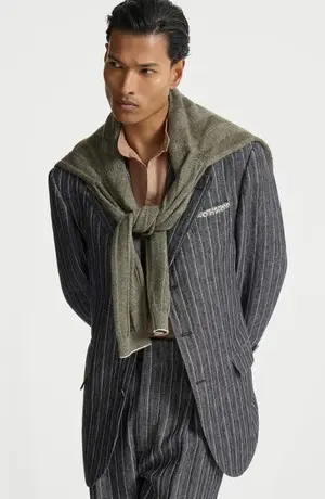 Brunello Cucinelli Linen Chalk Stripe Chevron Tailor Blazer With Metal Buttons - Anthracite