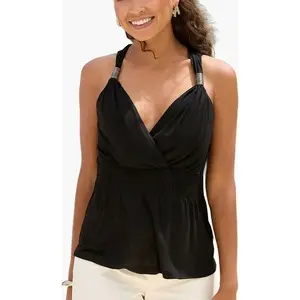 LASCANA Sleeveless V-neck Paisley Print Empire Waist Top - Black