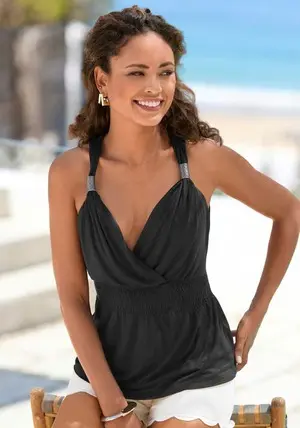 LASCANA Sleeveless V-neck Paisley Print Empire Waist Top - Black
