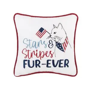 C&F HOME Patriotic Stars & Stripes Fur-ever Cat Mini Embroidered Accent Pillow - White