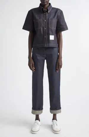 Thom Browne Short Sleeve Denim Button-down Shirt - Navy