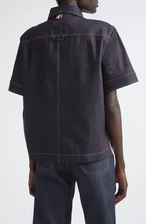Thom Browne Short Sleeve Denim Button-down Shirt - Navy
