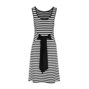 CONQUISTA Sleeveless Striped Dress With Tie Waist - Black/white