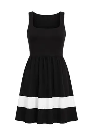 CONQUISTA Sleeveless Square Neck Pleated Dress With Contrast Panel