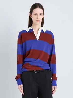 Proenza Schouler Corinna Striped Long-sleeve Polo Top - Sapphire Multi