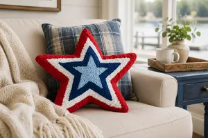 C&F HOME Patriotic Red White & Star Shaped Hooked Accent Throw Pillow, 18" X 18"