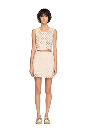 Sandro Beaded Crochet Cropped Cardigan - Ecru