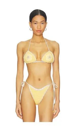 CAPITTANA Embroidered Floral Triangle Bikini Top - Yellow