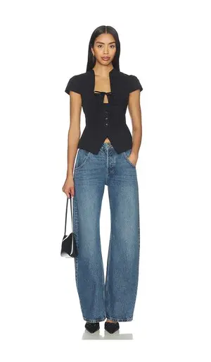 Lioness Kendall Top With Puff Sleeves And Front Tie Detail - Noir