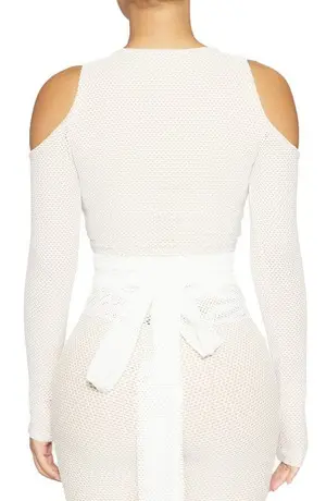 Naked Wardrobe Cold-shoulder Mesh Top With Crisscross Waist