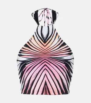 Roberto Cavalli Printed Halterneck Mesh Crop Top
