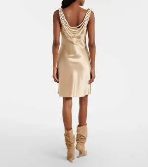 Balmain Embellished Silk Satin Slip Dress - Beige