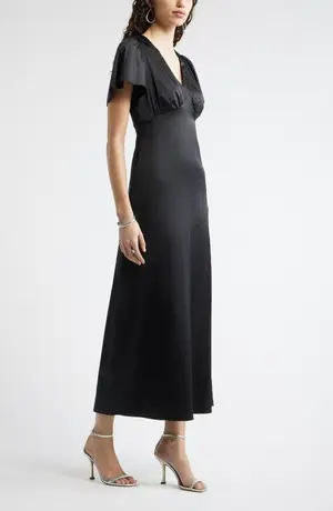 Chelsea28 Flutter Sleeve Satin Maxi Dress - Black
