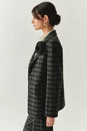 EXQUISE Plaid Blazer With Shirt Collar