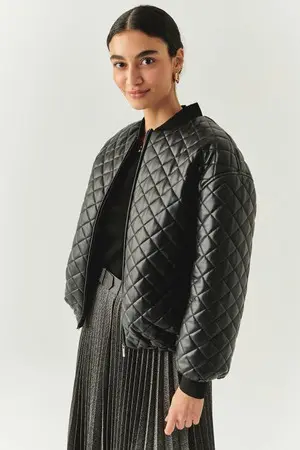 EXQUISE Quilted Faux Leather Bomber Jacket
