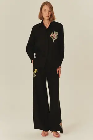 EXQUISE High Waist Wide Leg Linen Trousers - Black