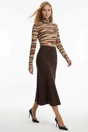 EXQUISE High Waist Knit Midi Skirt - Brown