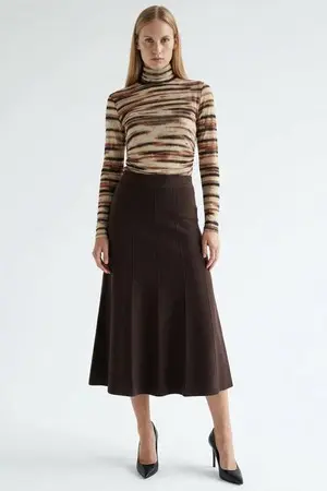 EXQUISE High Waist Knit Midi Skirt - Brown