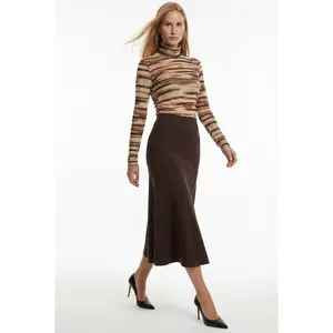 EXQUISE High Waist Knit Midi Skirt - Brown
