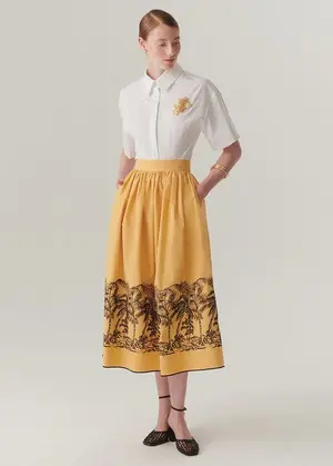 EXQUISE Callie Pleated Midi Skirt With Tropical Print - Camel