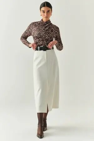 EXQUISE Arlette Belted Midi Skirt - Ecru