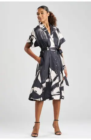 Natori Brushstroke Silky Twill Shirt Dress - Black