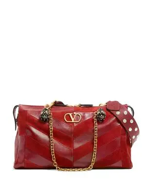 Valentino Garavani Panthea Medium Shoulder Bag In Suede And Nappa Leather With Chevron Motif - Red