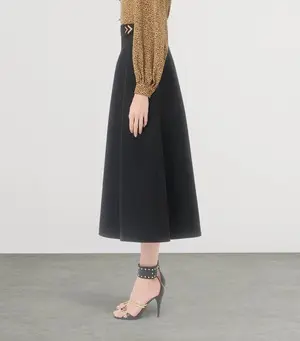 Valentino Garavani Wool-silk Crepe Midi Skirt With Gold-tone Hardware - Black