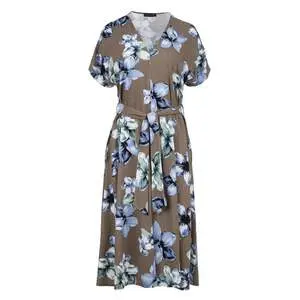 CONQUISTA Linen Style Floral Print Midi Dress - Brown