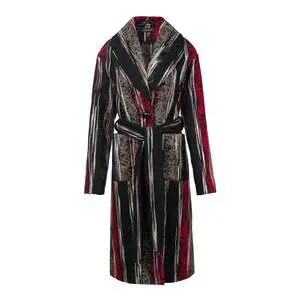 CONQUISTA Long Wool Blend Jacquard Style Coat With Belt - Black/red