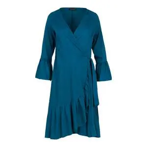 CONQUISTA Viscose Wrap Dress With Bell Sleeves And Ruffled Hem - Blue