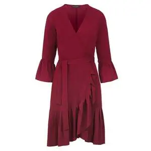 CONQUISTA Viscose Wrap Dress With Bell Sleeves And Ruffled Hem - Red