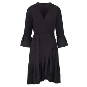CONQUISTA Viscose Wrap Dress With Bell Sleeves And Ruffled Hem - Black