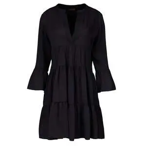CONQUISTA Viscose Gathered Seams Dress With Bell Sleeves - Black