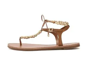Schutz Nia Strappy Flat Sandals With Embellished T-bar And Ankle Tie - Gold