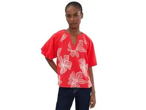 Vince Camuto Contrast Split Neck Band Bubble Sleeve Top - Red