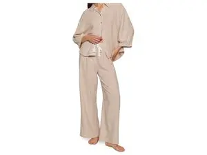Eberjey Linen Blend Relaxed Fit Gingham Pajama Pants - Beige