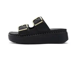 Fitflop Gen Ff Max Buckle Tumbled Leather Two Bar Slides Wedge Shoes - Black