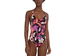 Nike Hot House Floral Scoop Neck One Piece Swimsuit - Black