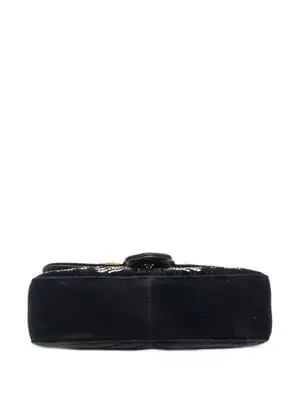 Gucci Gg Marmont Matelasse Velvet Crystal Embellished Shoulder Bag - Black