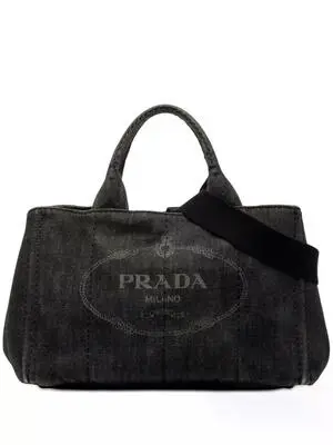 Prada Small Denim Canapa Logo Satchel - Grey
