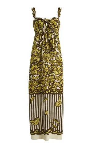 ALEMAIS Mona Printed Hemp Midi Dress With Smocked Back - Yellow