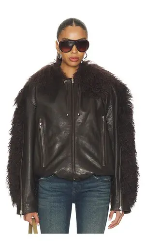 MANOKHI Jade Leather Jacket With Faux Fur Trim