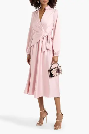 Badgley Mischka Hammered Satin Midi Dress With Bow Detail - Blush